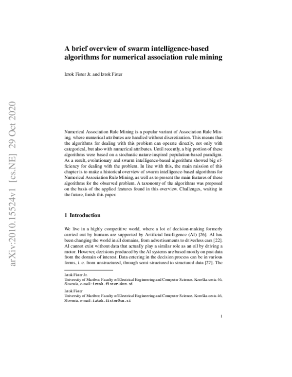 Pdf A Brief Overview Of Swarm Intelligence Based Algorithms For Numerical Association Rule Mining