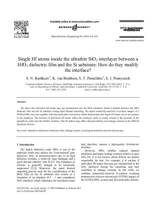 (PDF) Single Hf atoms inside the ultrathin SiO2 interlayer between a HfO2 dielectric film and ...
