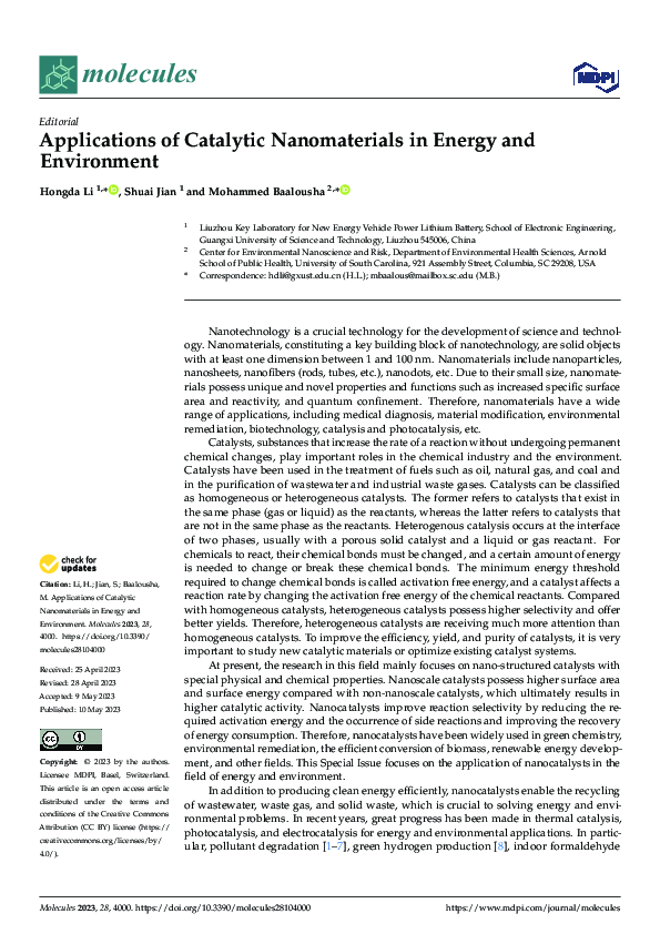 (PDF) Applications of Catalytic Nanomaterials in Energy and Environment