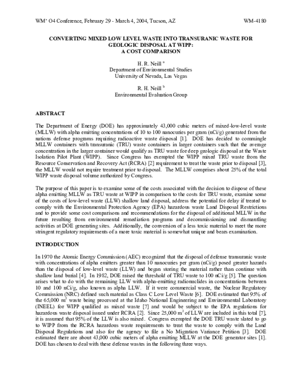 (PDF) Converting Mixed Low Level Waste Into Transuranic Waste for ...