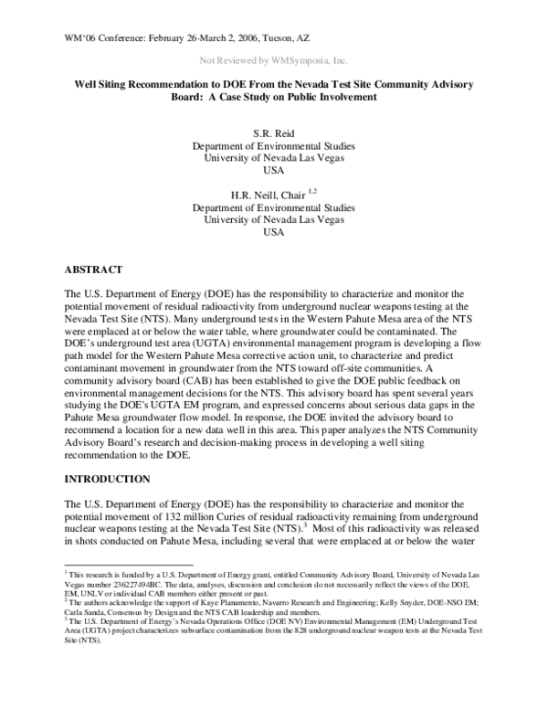 (PDF) Well siting recommendation to DOE from the Nevada Test Site ...