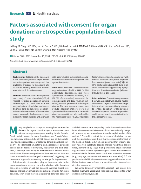(PDF) Factors associated with consent for organ donation: a ...
