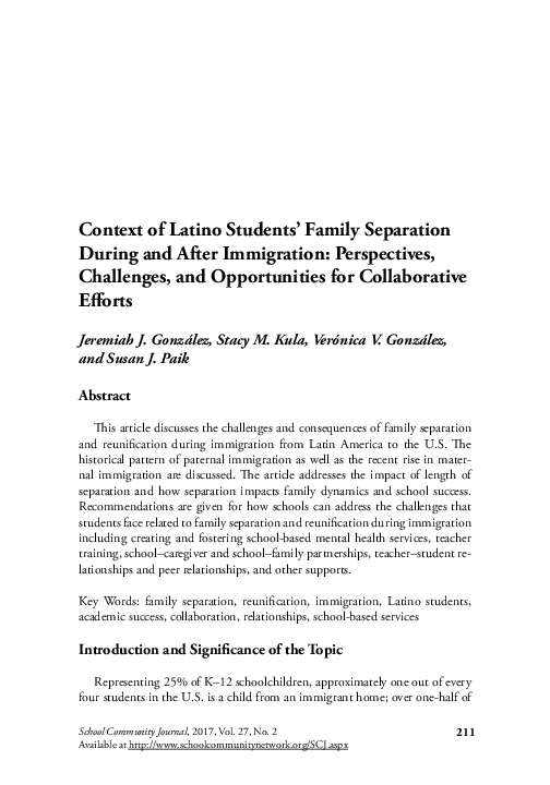 (PDF) Context of Latino Students' Family Separation during and after Immigration: Perspectives ...