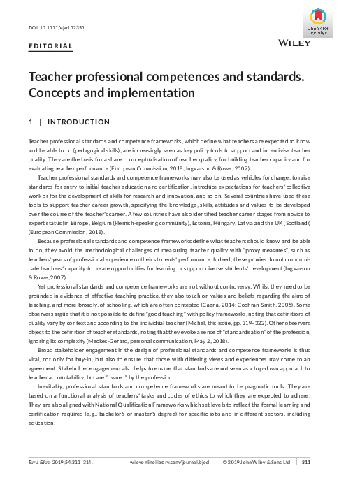 (PDF) Teacher professional competences and standards. Concepts and implementation