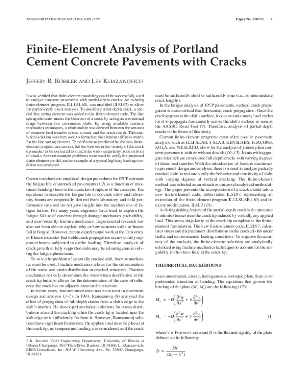 Pdf Finite Element Analysis Of Portland Cement Concrete Pavements With Cracks