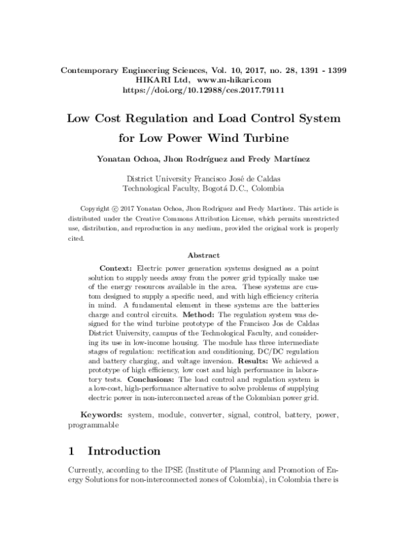 (PDF) Low cost regulation and load control system for low power wind turbine | Jhon Rodriguez ...