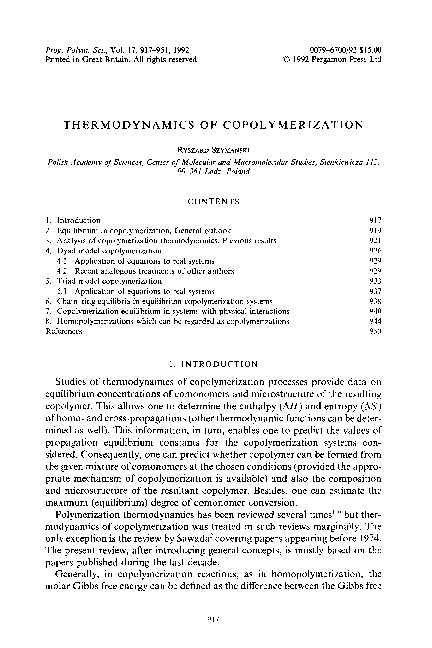 (PDF) Thermodynamics of copolymerization