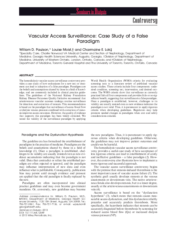 (PDF) Vascular access surveillance: case study of a false paradigm