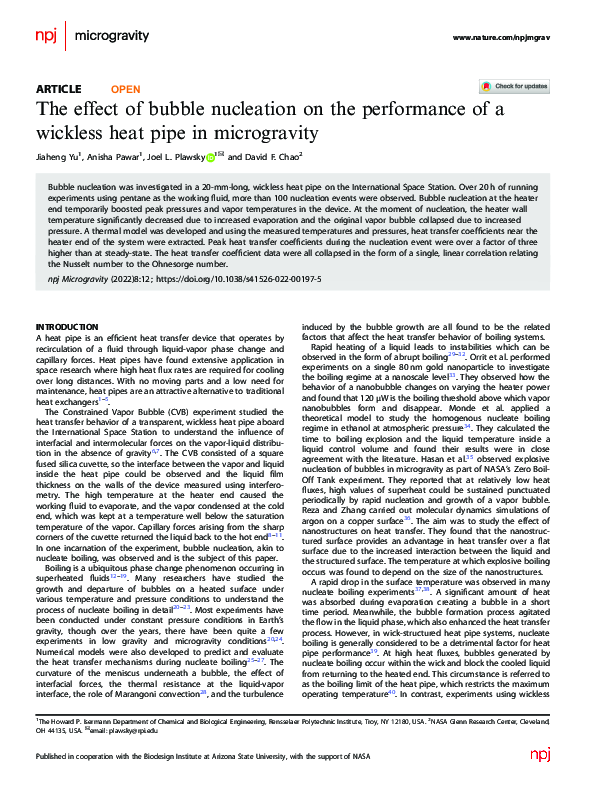 Pdf The Effect Of Bubble Nucleation On The Performance Of A Wickless Heat Pipe In Microgravity