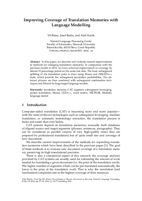 (PDF) Improving Coverage of Translation Memories with Language Modelling