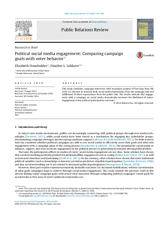 (PDF) Political social media engagement: Comparing campaign goals with ...