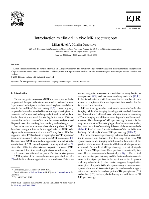 (PDF) Introduction to clinical in vivo MR spectroscopy