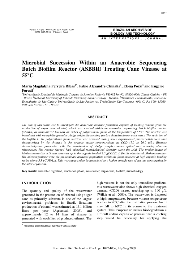 (PDF) Microbial succession within an anaerobic sequencing batch biofilm reactor (ASBBR) treating ...