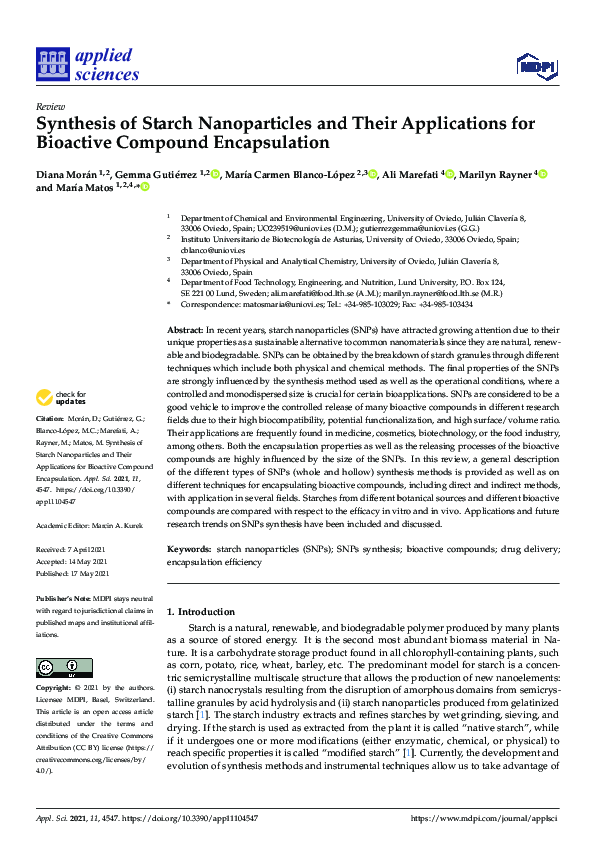 (PDF) Synthesis of Starch Nanoparticles and Their Applications for Bioactive Compound Encapsulation
