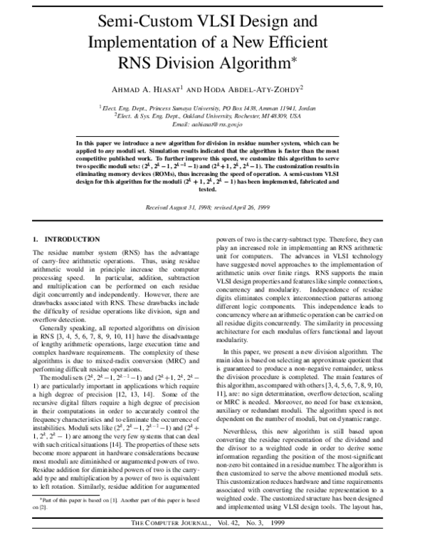 Pdf Semi Custom Vlsi Design And Implementation Of A New Efficient Rns Division Algorithm