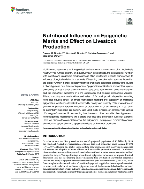 (PDF) Nutritional Influence on Epigenetic Marks and Effect on Livestock ...