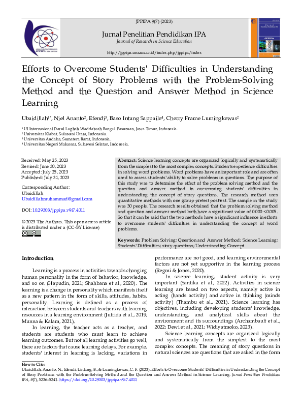 (PDF) Efforts to Overcome Students' Difficulties in Understanding the Concept of Story Problems ...