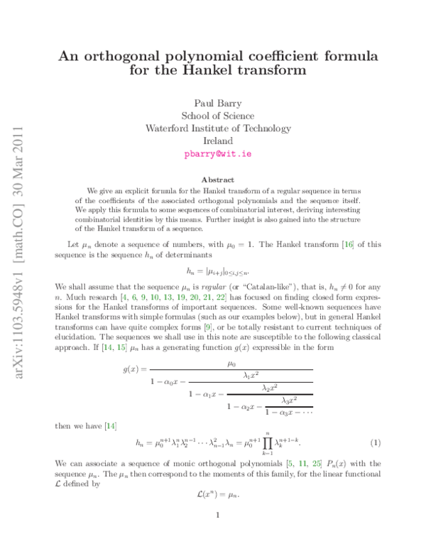 (PDF) An orthogonal polynomial coefficient formula for the Hankel transform
