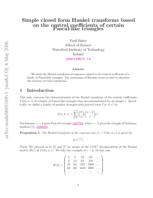 (PDF) Simple closed form Hankel transforms based on the central ...
