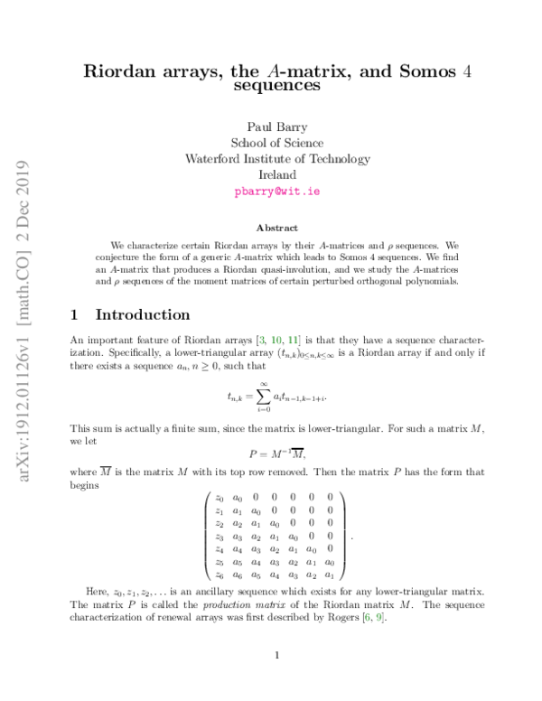 (PDF) Characterization of Riordan Arrays and A-matrices