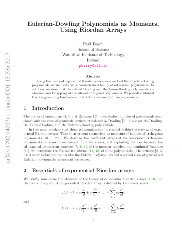 (PDF) Eulerian-Dowling Polynomials as Moments, Using Riordan Arrays | Paul Barry - Academia.edu