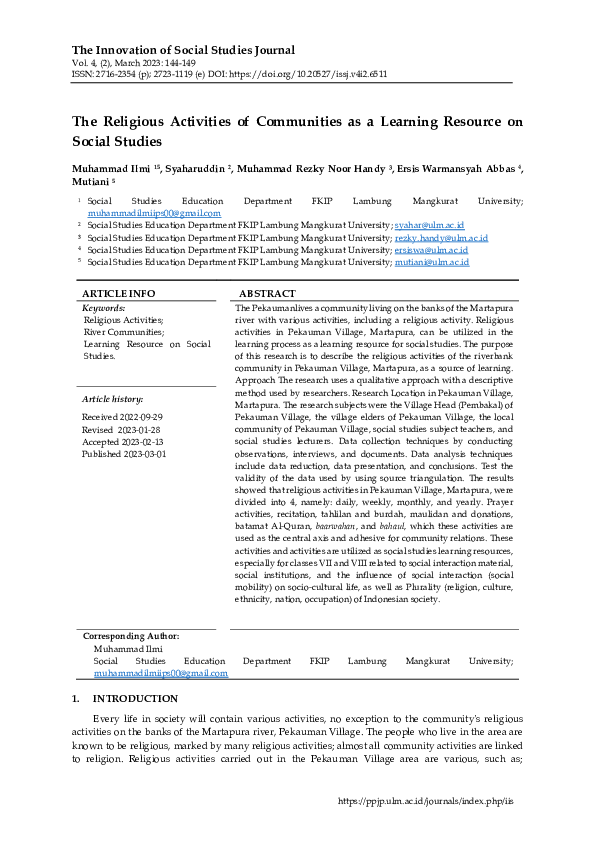 (PDF) The Religious Activities of Communities as a Learning Resource on ...