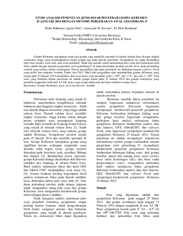 (PDF) Studi Analisis Penentuan Jenis Sesar Penyebab Gempa Kebumen 25 Januari 2014 Dengan Metode ...