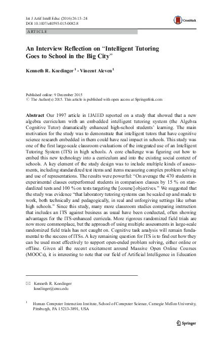 (PDF) An Interview Reflection on “Intelligent Tutoring Goes to School in the Big City” | Kenneth ...