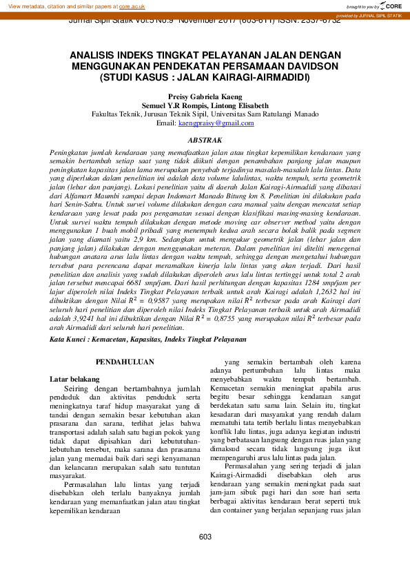 (PDF) Analisis Indeks Tingkat Pelayanan Jalan Dengan Menggunakan Pendekatan Persamaan Davidson ...