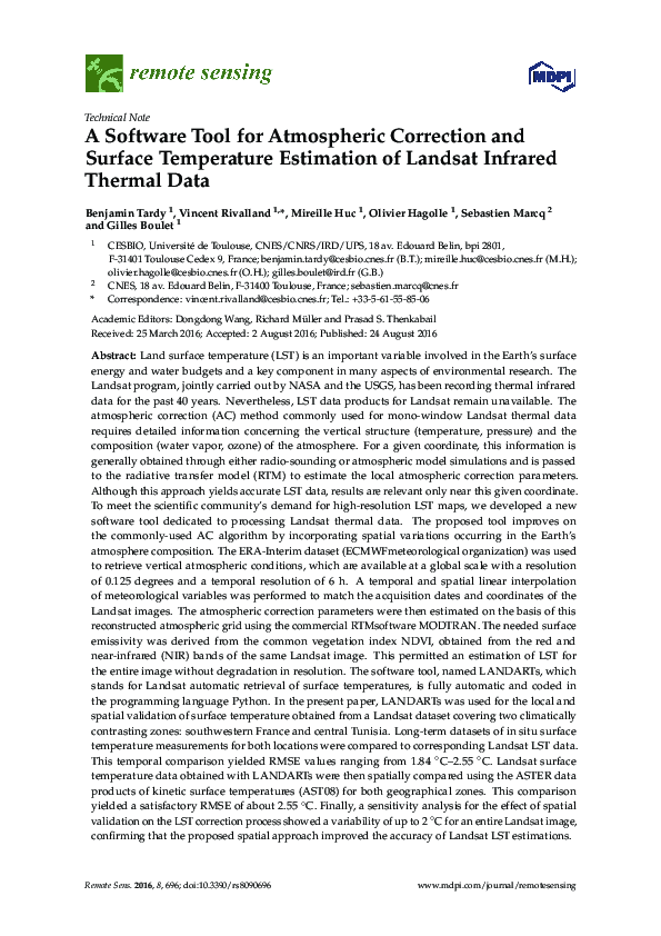 Pdf A Software Tool For Atmospheric Correction And Surface Temperature Estimation Of Landsat
