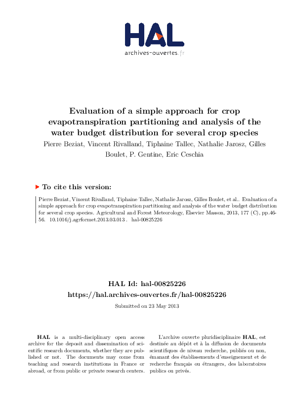 Pdf Evaluation Of A Simple Approach For Crop Evapotranspiration Partitioning And Analysis Of