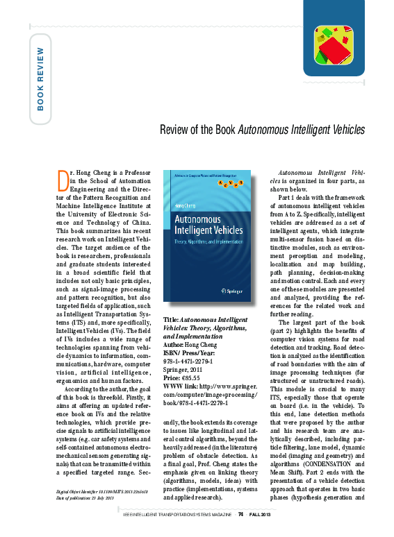 Review of "Autonomous Intelligent Vehicles: Theory, Algorithms, and Implementation" (Cheng, H ...