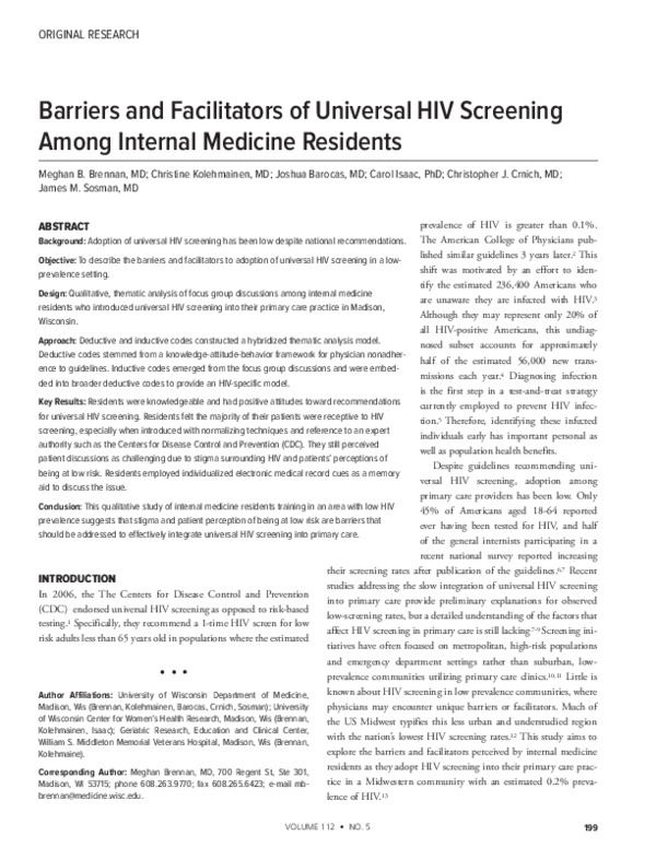 (PDF) Barriers and facilitators of universal HIV screening among ...