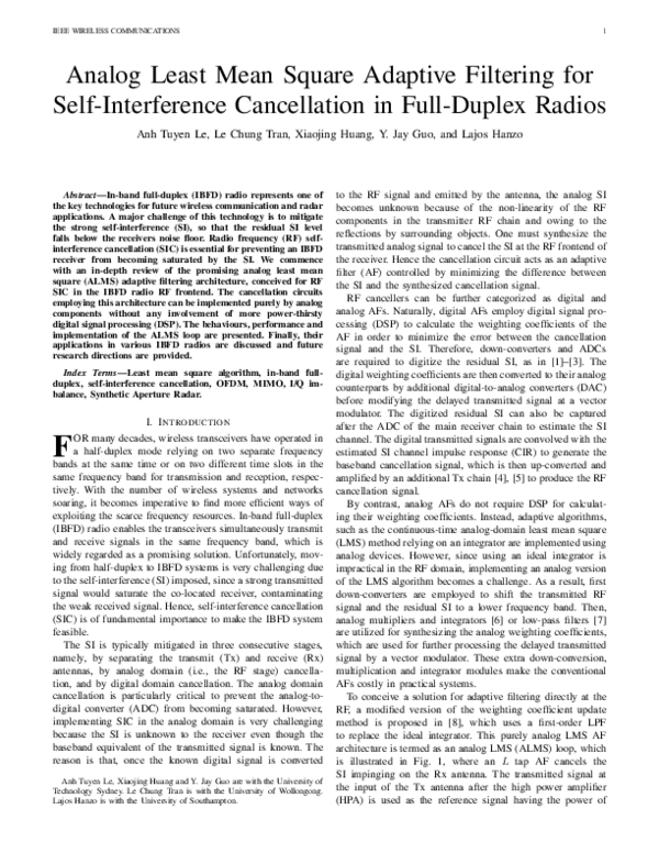 Pdf Analog Least Mean Square Adaptive Filtering For Self Interference Cancellation In Full