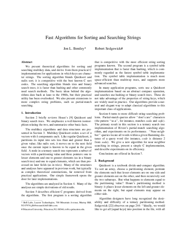 (PDF) Fast algorithms for sorting and searching strings