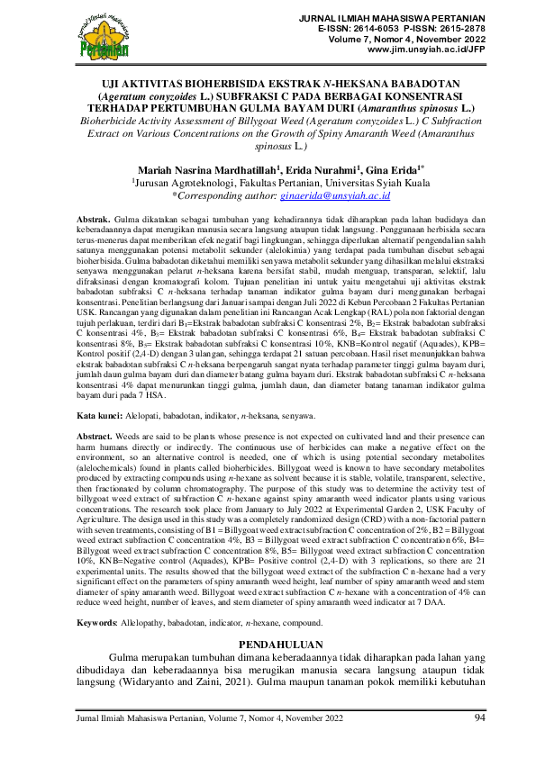 (PDF) Uji Aktivitas Bioherbisida Ekstrak N-Heksana Babadotan (Ageratum ...