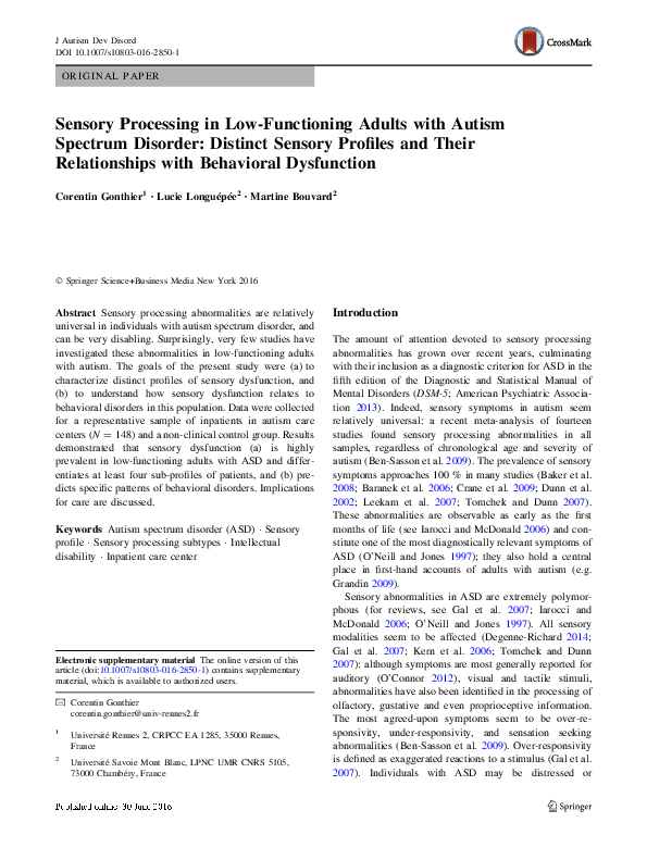 (PDF) Sensory Processing in Low-Functioning Adults with Autism Spectrum ...