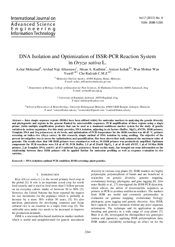 Pdf Dna Isolation And Optimization Of Issr Pcr Reaction System In