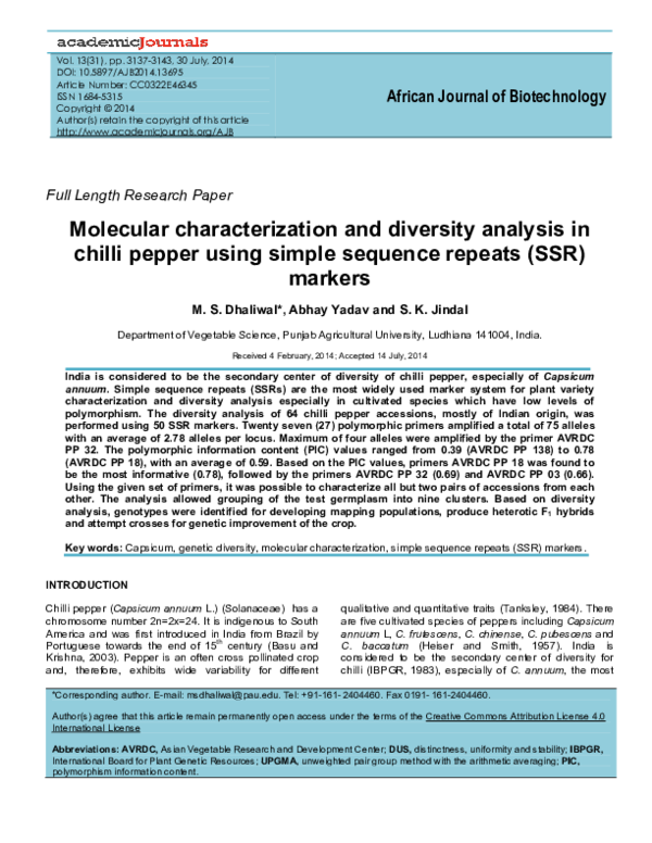 (PDF) Molecular characterization and diversity analysis of Brassica genotypes