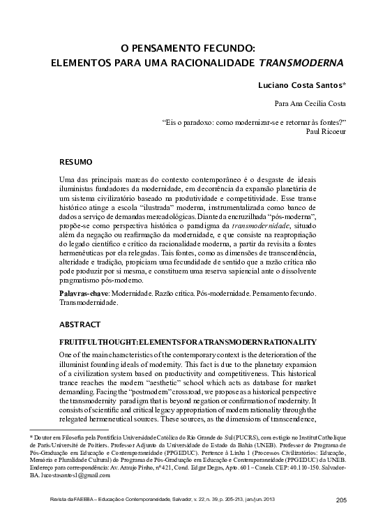 (PDF) O pensamento fecundo: elementos para uma racionalidade transmoderna