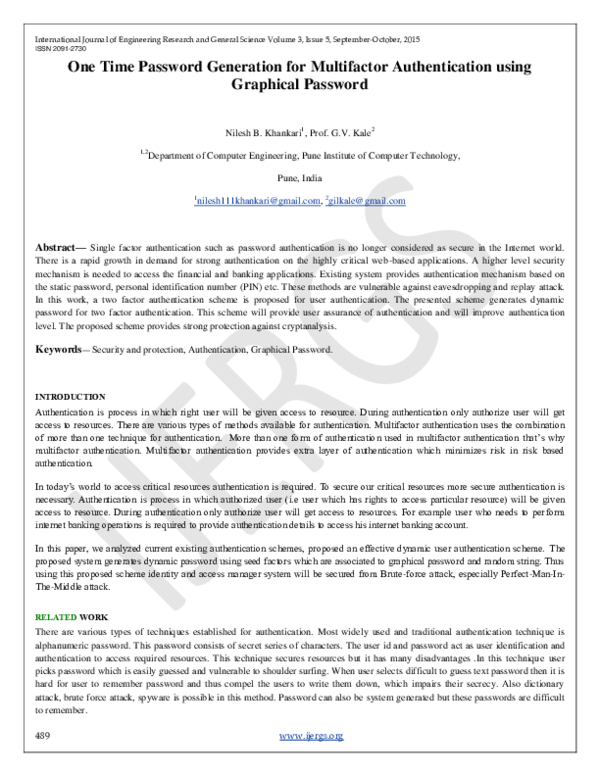 Pdf One Time Password Generation For Multifactor Authentication Using Graphical Password
