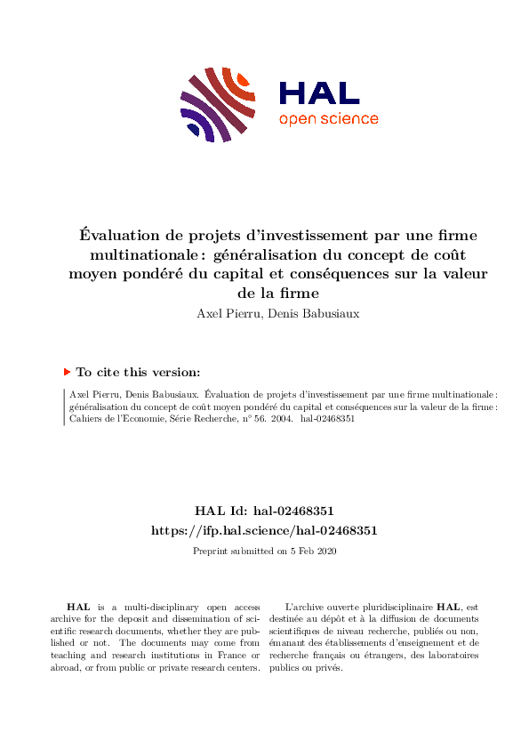 (PDF) Évaluation De Projets D'Investissement Par Une Firme ...