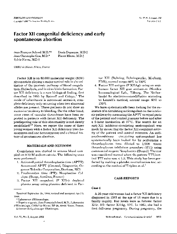 (PDF) Factor XII congenital deficiency and early spontaneous abortion