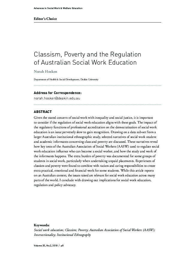 (PDF) Classism, poverty and the regulation of Australian social work ...
