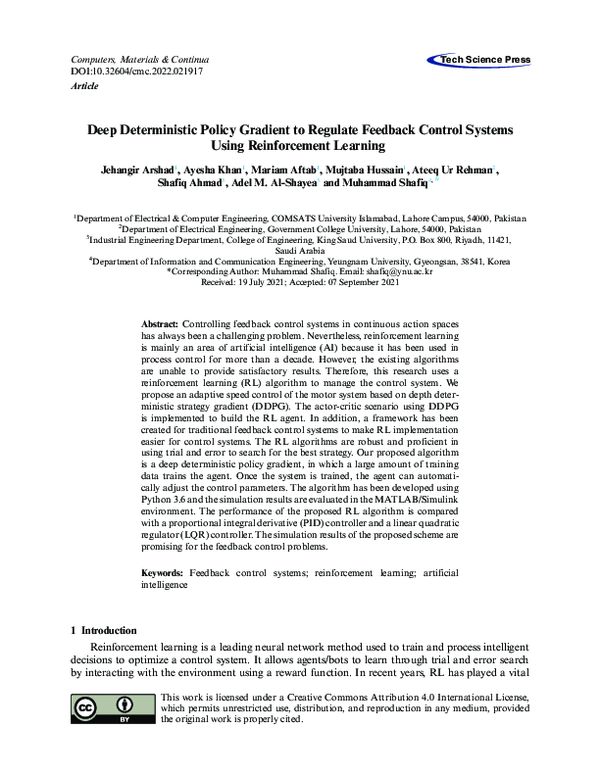 (PDF) Deep Deterministic Policy Gradient to Regulate Feedback Control ...