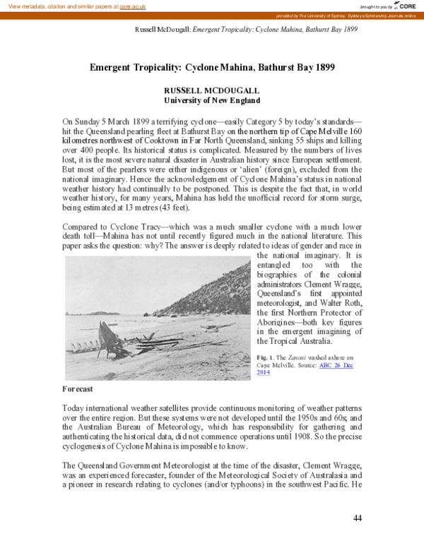 (PDF) Emergent Tropicality: Cyclone Mahina, Bathurst Bay 1899