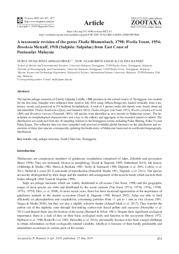 (PDF) A taxonomic revision of the genus Thalia Blumenbach, 1798; Weelia ...