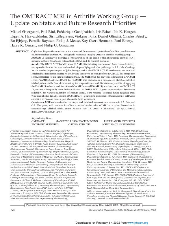 (PDF) The OMERACT MRI in Arthritis Working Group - Update on Status and ...
