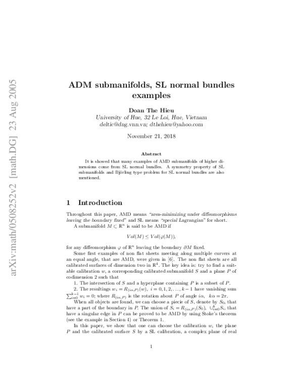(PDF) ADM submanifolds, SL normal bundles examples
