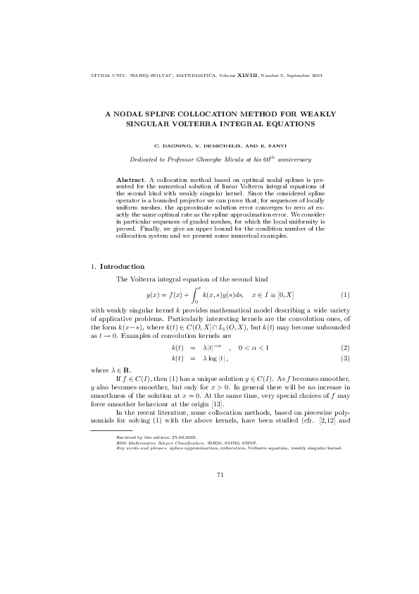 (PDF) A nodal spline collocation method for weakly singular Volterra ...